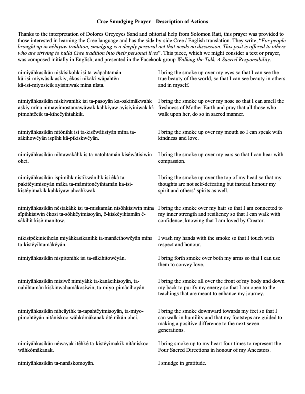 Appendix C: Cree Sacred Smudging Prayer – Indigenous Teachings of ...